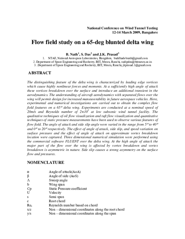 (PDF) Flow field study on a 65-deg blunted delta wing