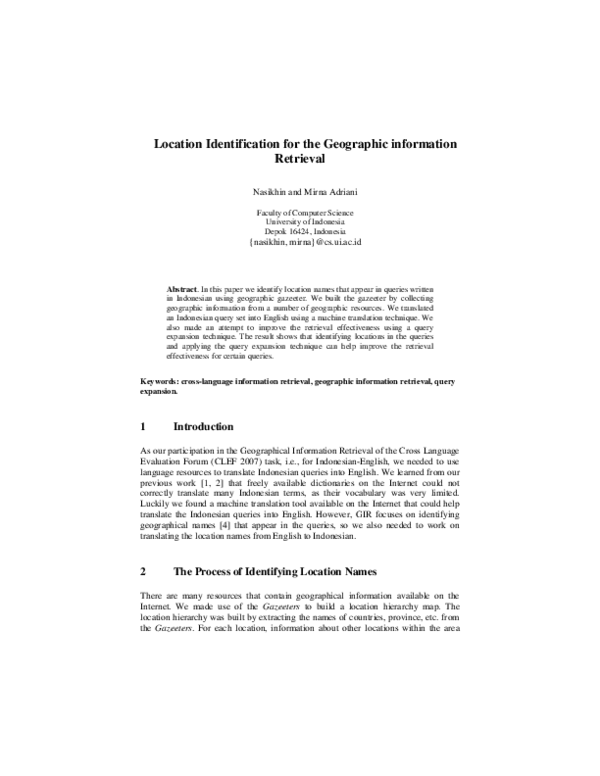 (PDF) Identifying location in indonesian documents for geographic information retrieval