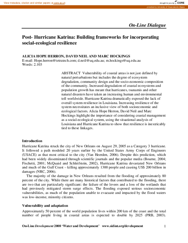 (PDF) Post-Hurricane Katrina: Building frameworks for incorporating ...