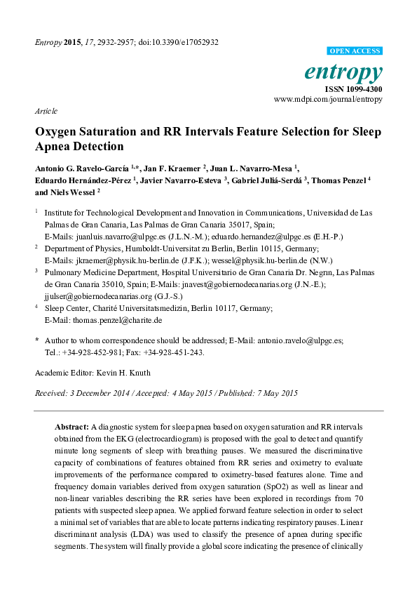 (PDF) Article Oxygen Saturation and RR Intervals Feature Selection for Sleep Apnea Detection