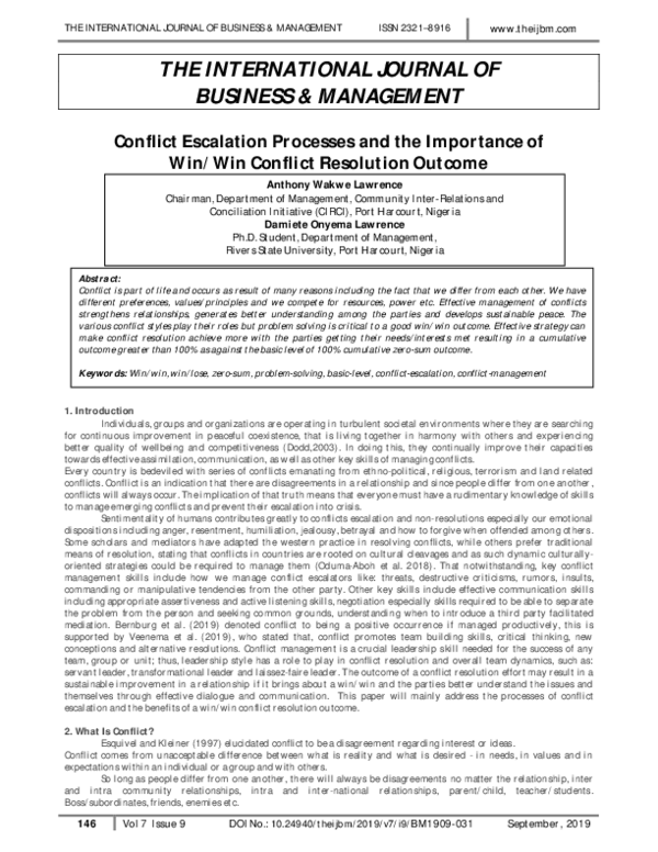 (PDF) Conflict Escalation Processes and the Importance of Win/Win ...