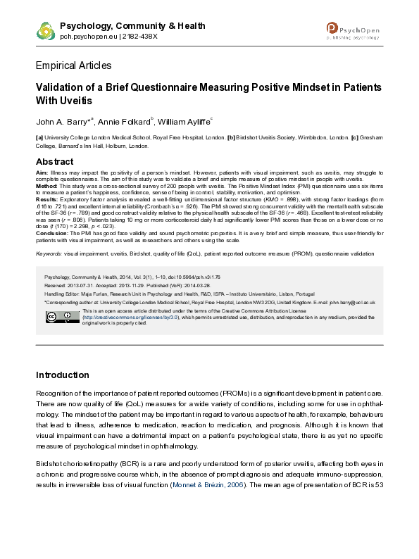 (PDF) Validation of a Brief Questionnaire Measuring Positive Mindset in ...