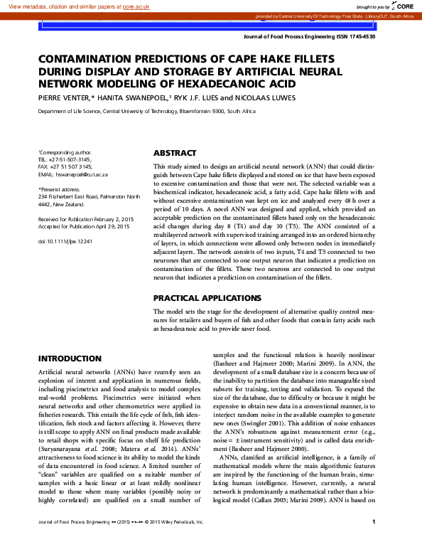 (PDF) Contamination Predictions of Cape Hake Fillets during Display and Storage by Artificial ...