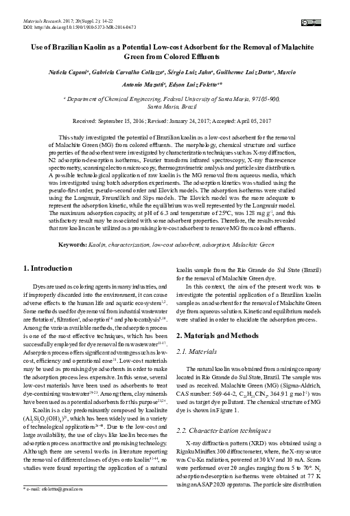 (PDF) Use of Brazilian Kaolin as a Potential Low-cost Adsorbent for the Removal of Malachite ...