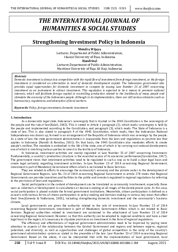 (PDF) Strengthening Investment Policy in Indonesia