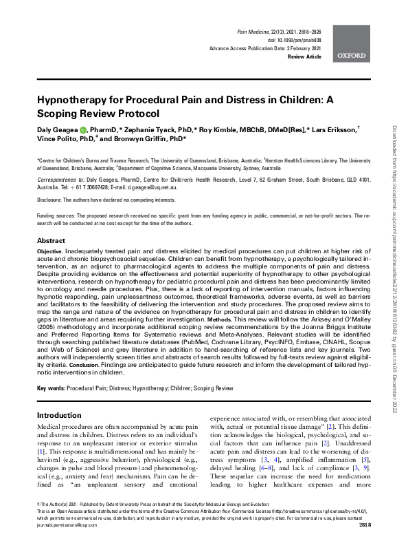 (PDF) Hypnotherapy for Procedural Pain and Distress in Children: A ...
