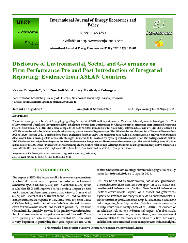 (PDF) Disclosure of Environmental, Social, and Governance on Firm Performance Pre and Post ...