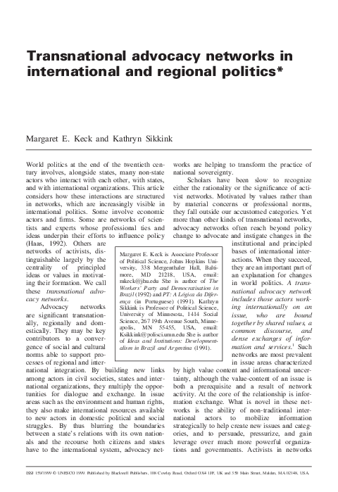(PDF) Transnational advocacy networks in international and regional ...