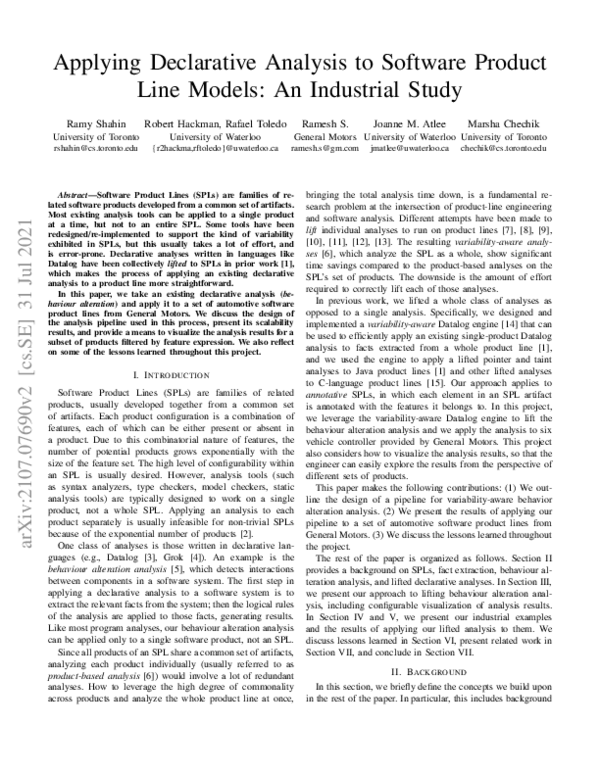 (PDF) Applying Declarative Analysis to Software Product Line Models: An Industrial Study ...