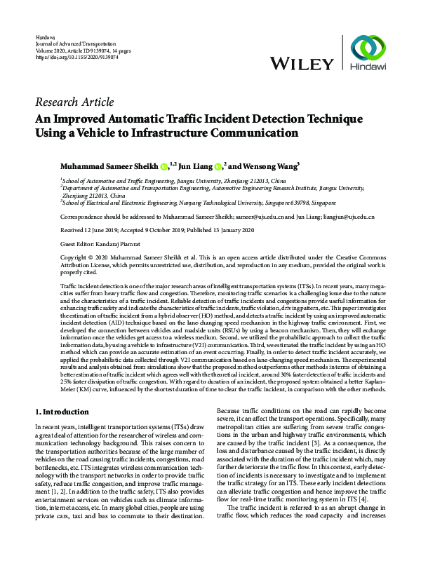 Pdf An Improved Automatic Traffic Incident Detection Technique Using A Vehicle To