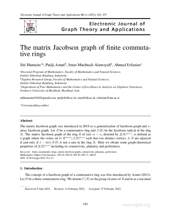 Pdf The Matrix Jacobson Graph Of Finite Commutative Rings Intan