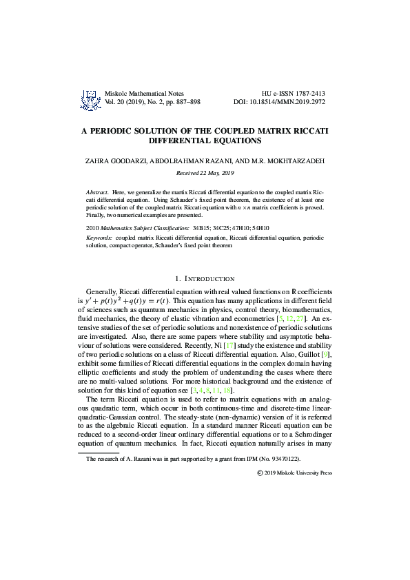 Pdf A Periodic Solution Of The Coupled Matrix Riccati Differential Equations