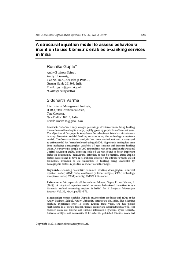 (PDF) A structural equation model to assess behavioural intention to use biometric enabled e ...