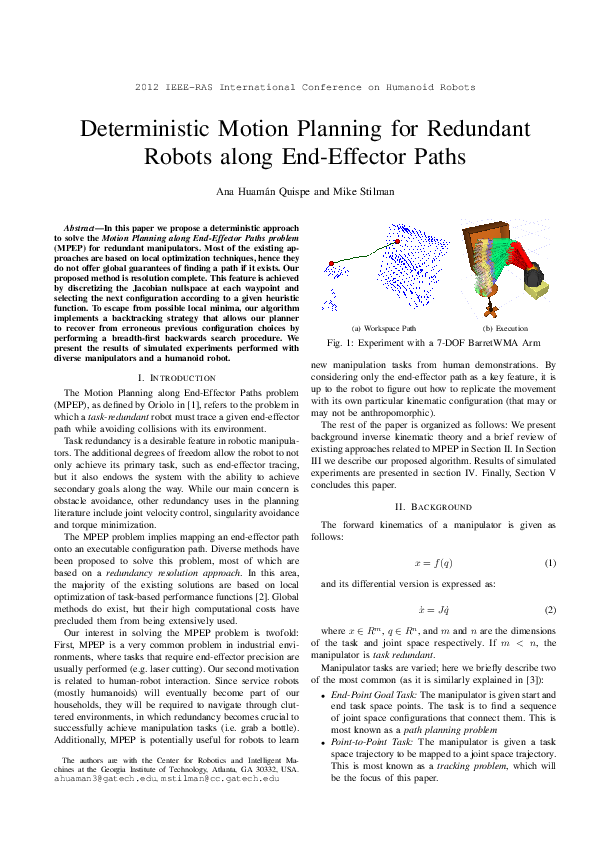 (PDF) Deterministic Motion Planning for redundant robots along End-Effector Paths