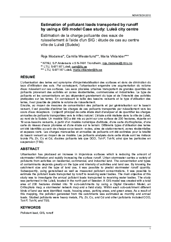 Pdf Estimation Of Pollutant Loads Transported By Runoff By Using A