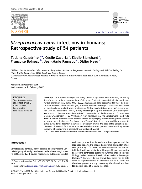 (PDF) Streptococcus canis infections in humans: Retrospective study of ...