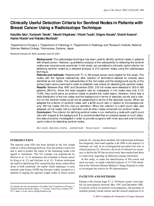 (PDF) Clinically Useful Detection Criteria for Sentinel Nodes in ...
