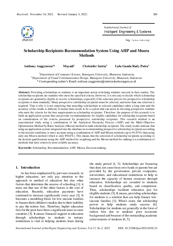 (PDF) Scholarship Recipients Recommendation System Using AHP and Moora Methods