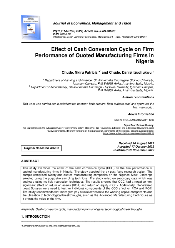 (PDF) Effect of Cash Conversion Cycle on Firm Performance of Quoted ...