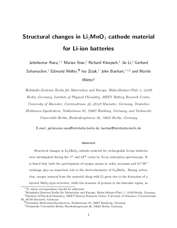 (PDF) Structural Changes in Li2 MnO 3 Cathode Material for Li- Ion Batteries | Marian Stan ...