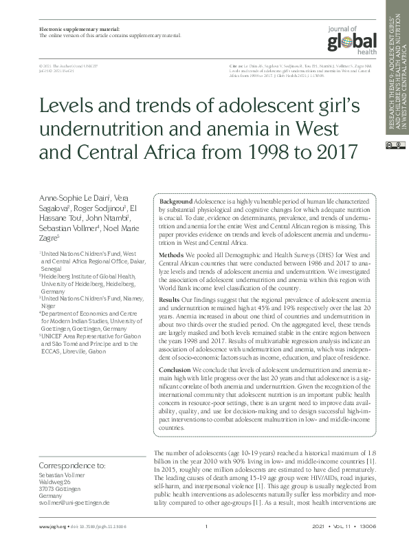 Levels and trends of adolescent girl’s undernutrition and anemia in ...