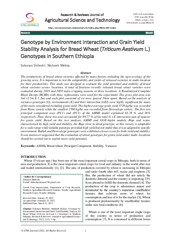 (PDF) Genotype by Environment Interaction and Grain Yield Stability Analysis for Bread Wheat ...