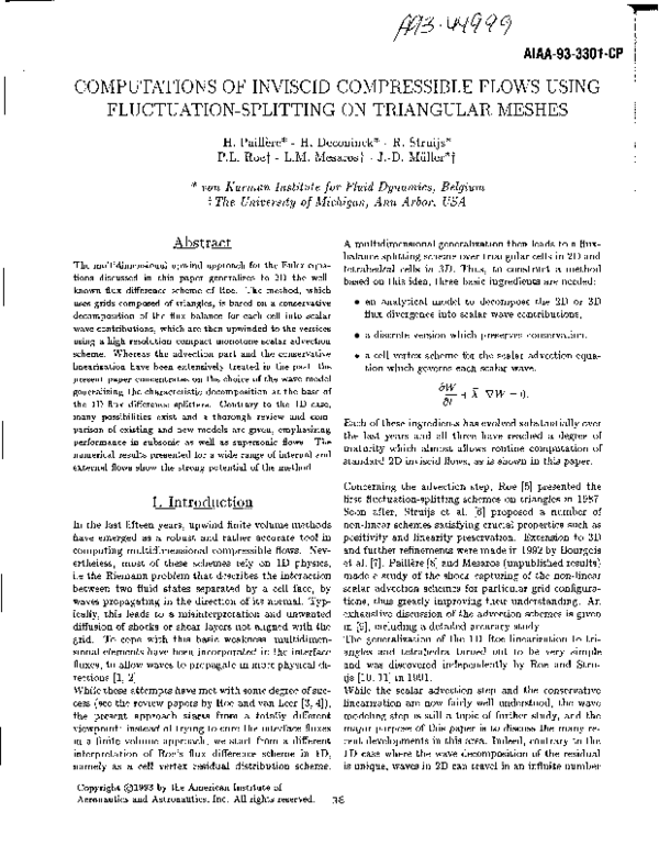 Pdf Computations Of Inviscid Compressible Flows Using Fluctuation Splitting On Triangular Meshes