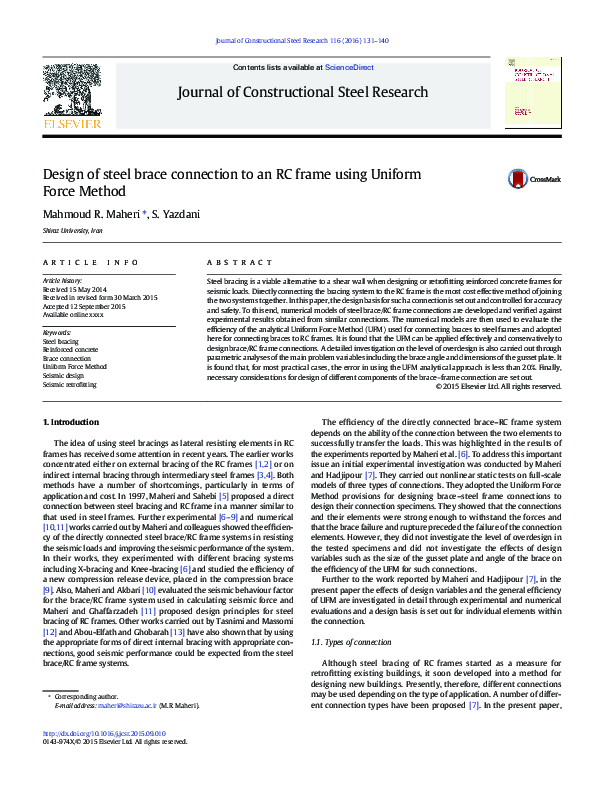 (PDF) Design of steel brace connection to an RC frame using Uniform ...