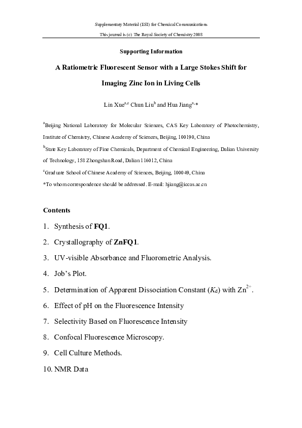 (PDF) A ratiometric fluorescent sensor with a large Stokes shift for imaging zinc ions in living ...