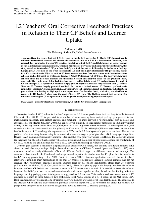 (PDF) L2 Teachers’ Oral Corrective Feedback Practices in Relation to Their CF Beliefs and ...