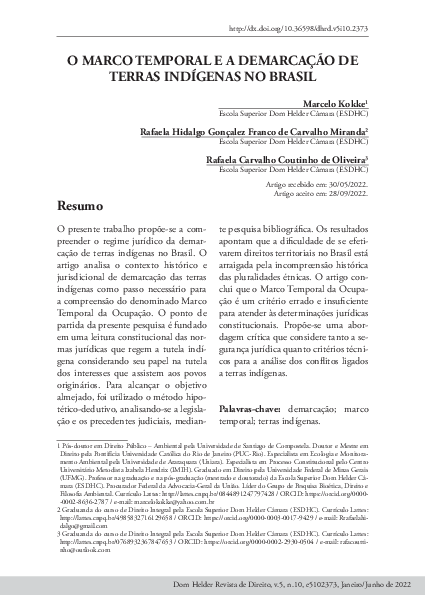 (PDF) O MARCO TEMPORAL E A DEMARCAÇÃO DE TERRAS INDÍGENAS NO BRASIL