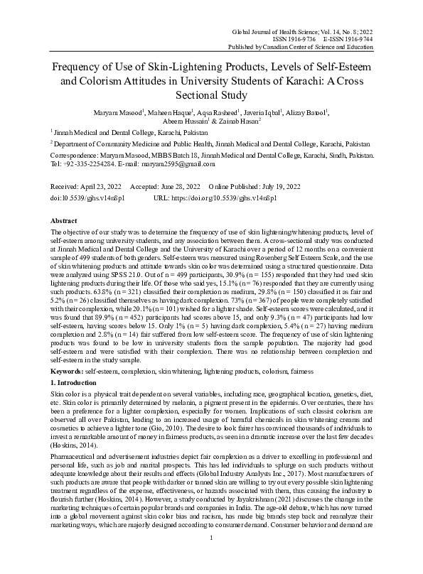 (PDF) Frequency of Use of Skin-Lightening Products, Levels of Self ...