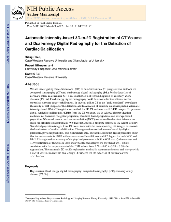 (PDF) Automatic Intensity-based 3D-to-2D Registration of CT Volume and ...