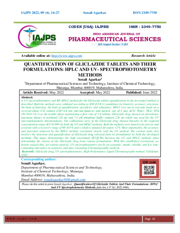 (PDF) Quantification of Gliclazide Tablets and Their Formulations: HPLC and Uv ...