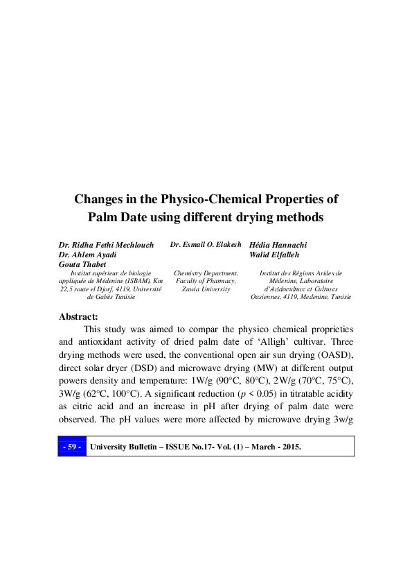 (PDF) Changes in the Physico-Chemical Properties of Palm Date using different drying methods