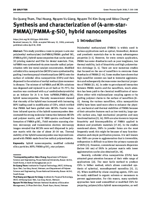 (PDF) Synthesis and characterization of (4-arm-star-PMMA)/PMMA-g-SiO2 ...