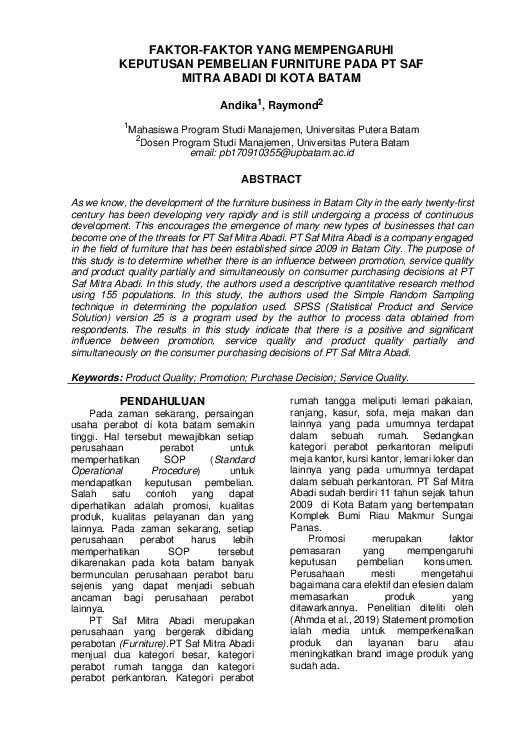 (PDF) Faktor-Faktor Yang Mempengaruhi Keputusan Pembelian Furniture ...