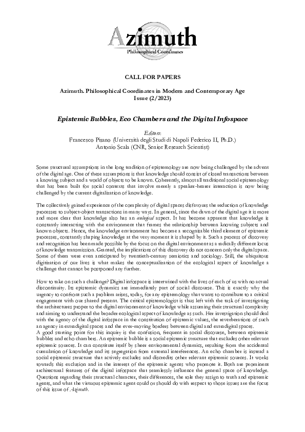 (PDF) CfP Azimuth 2/2023: Epistemic Bubbles, Eco Chambers and the ...