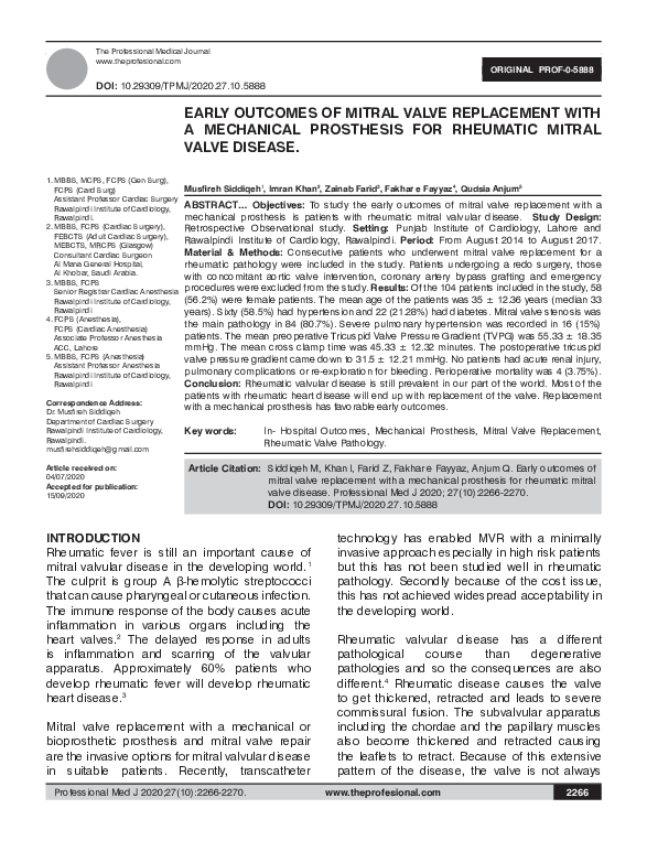 (PDF) Early outcomes of mitral valve replacement with a mechanical ...