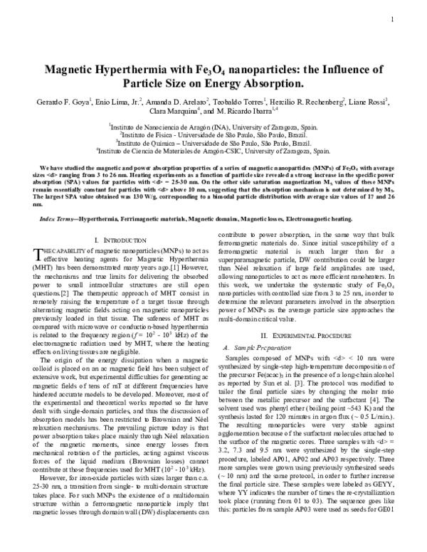 (PDF) Magnetic Hyperthermia With Fe$_{3}$O$_{4}$ Nanoparticles: The Influence of Particle Size ...