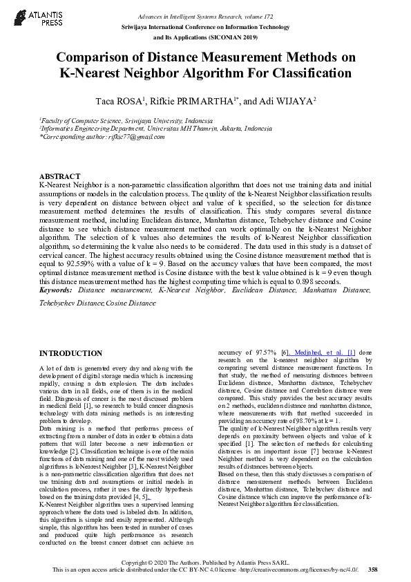 (PDF) Comparison of Distance Measurement Methods on K-Nearest Neighbor Algorithm For Classification