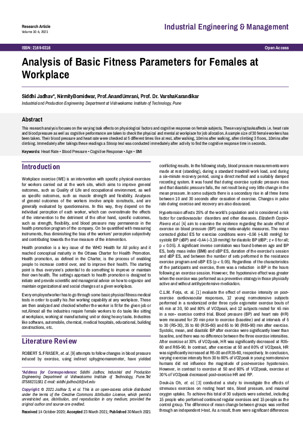(PDF) Analysis of Basic Fitness Parameters for Females at Workplace