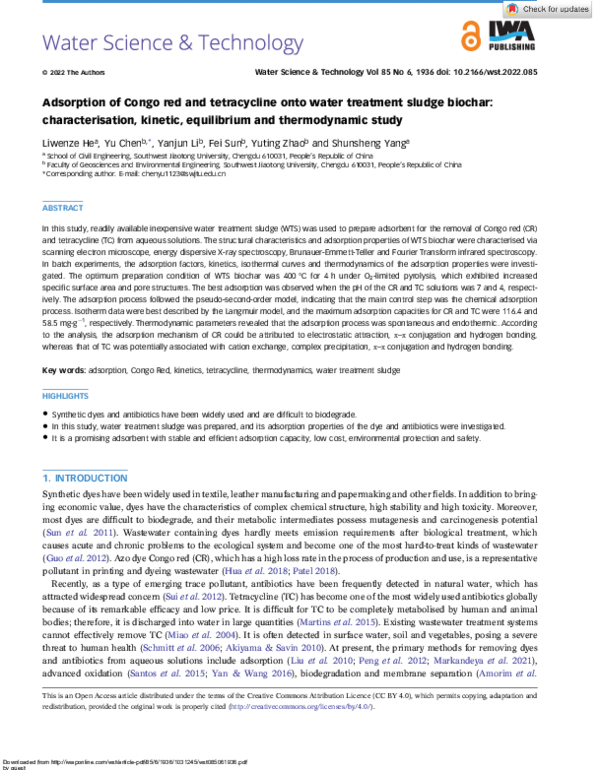 (PDF) Adsorption of Congo red and tetracycline onto water treatment sludge biochar ...