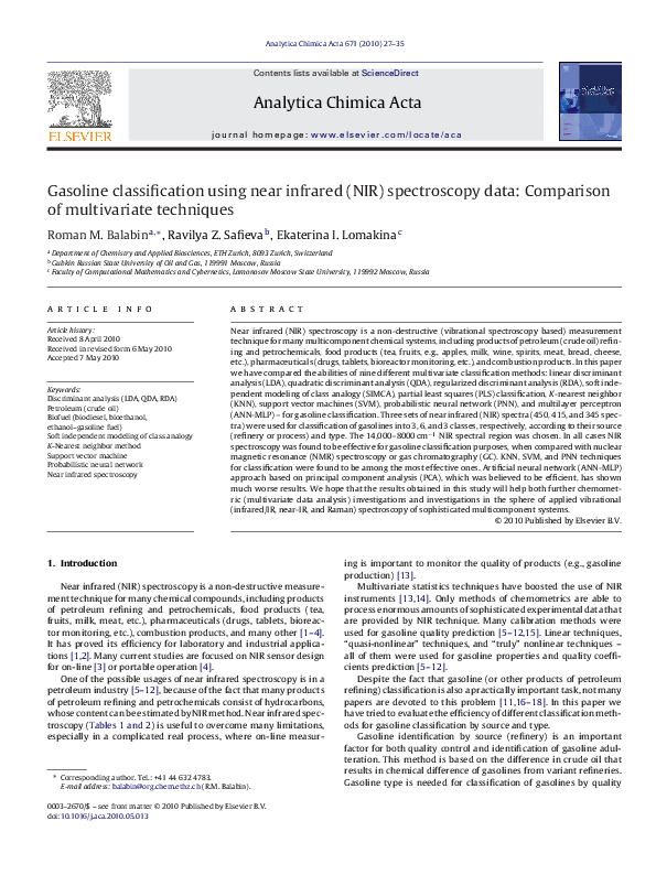 Pdf Gasoline Classification Using Near Infrared Nir Spectroscopy Data Comparison Of