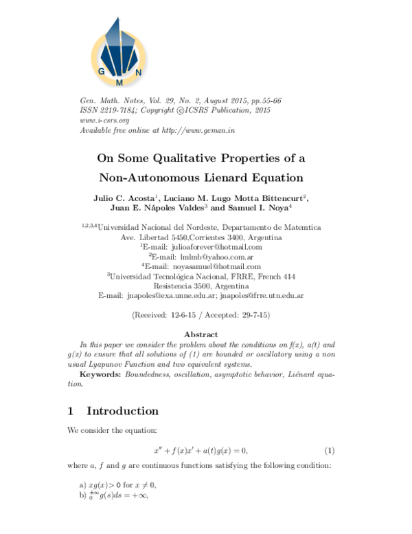 (PDF) On Some Qualitative Properties of a Non-Autonomous Lienard Equation | Juan E. Nápoles ...