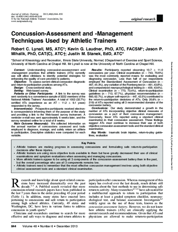 (PDF) Concussion-Assessment and -Management Techniques Used by Athletic ...