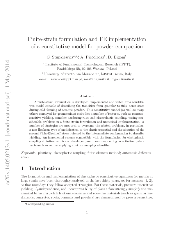 (PDF) Finite-strain formulation and FE implementation of a constitutive model for powder compaction