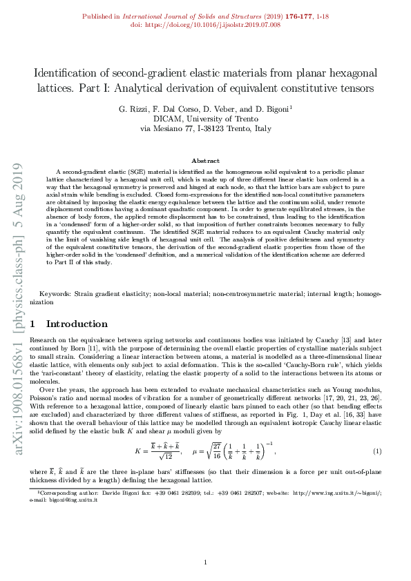 (PDF) Identification of second-gradient elastic materials from planar hexagonal lattices. Part I ...