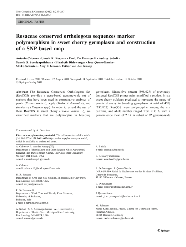 (PDF) Rosaceae conserved orthologous sequences marker polymorphism in ...