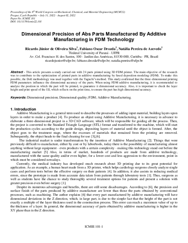 (PDF) Dimensional Precision of Abs Parts Manufactured By Additive Manufacturing in FDM Technology